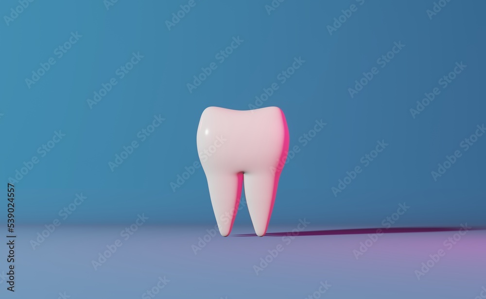 White healthy molar tooth 3D rendering banner neon light blue ...
