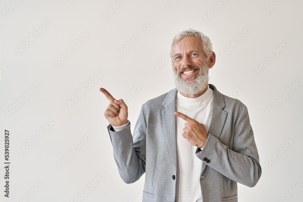 Happy old senior business man salesman pointing fingers hand gesture ...