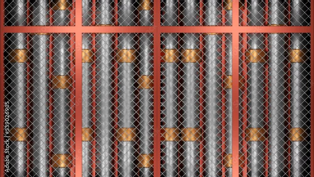 3D pipes with grid. Design. A lot of metal pipes behind grid. System ...