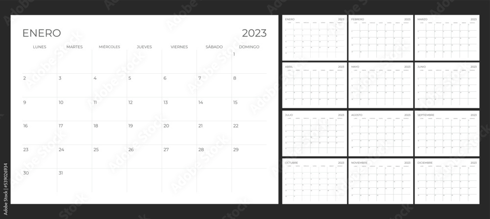 Set spanish calendar 2023 with simple landscape design template Stock ...