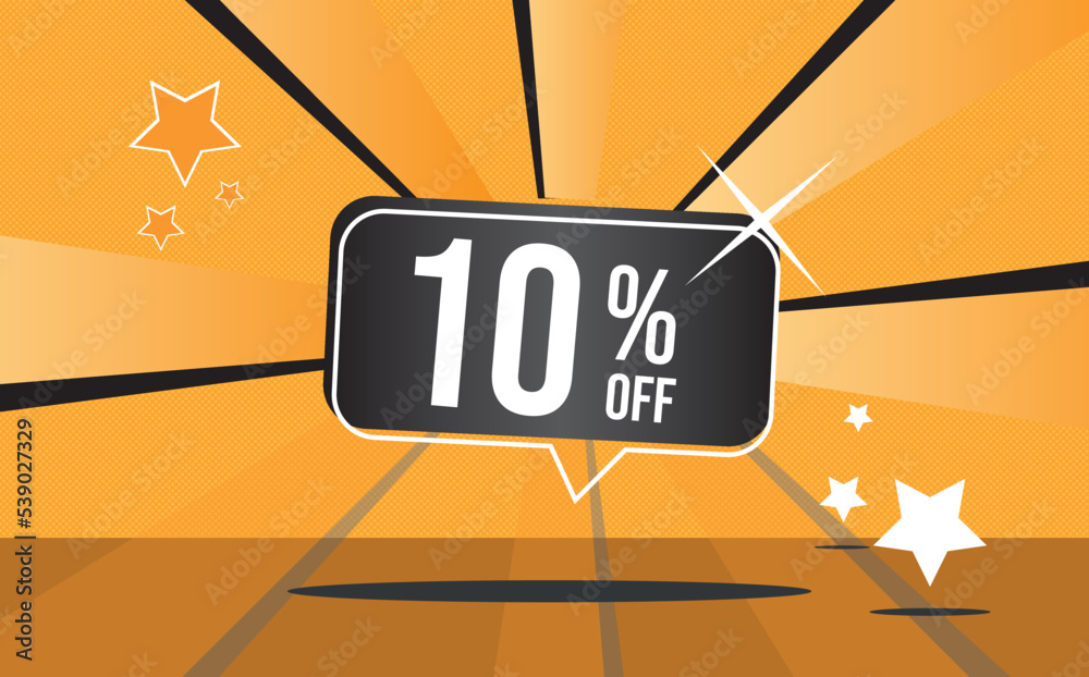 10 percent off. Yellow banner with floating balloon for promotions and ...