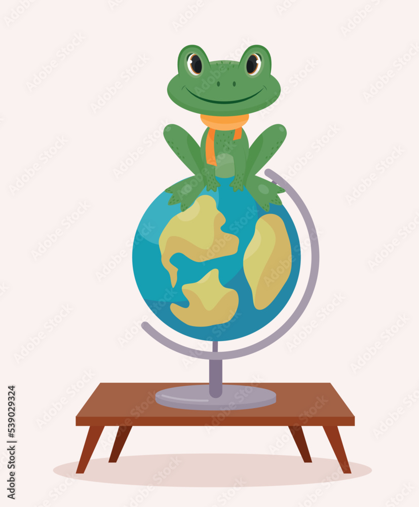 School frog icon. Green lizard sits on globe, geography lesson ...