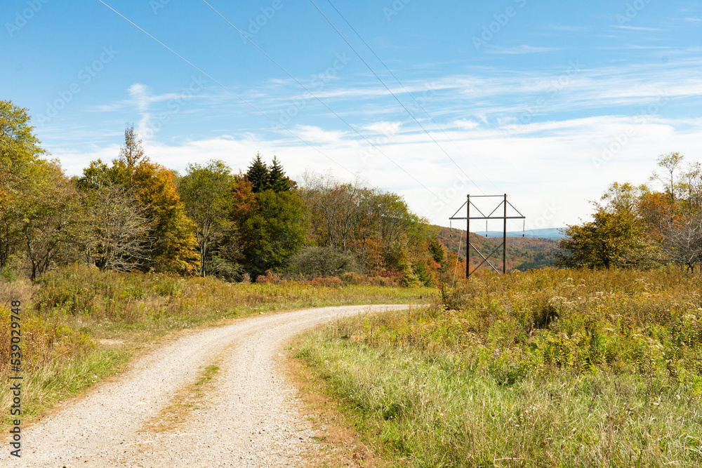 Single lane dirt gravel access road used by power gas and electric ...