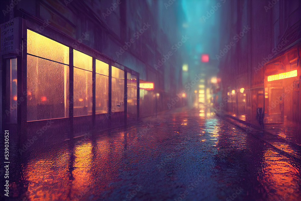 Empty City Street At Night Raining