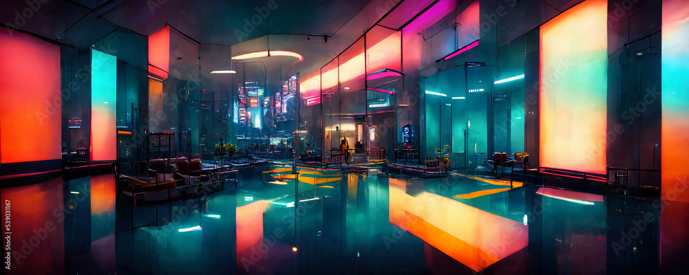 Concept art illustration of apartment living room interior in cyberpunk ...