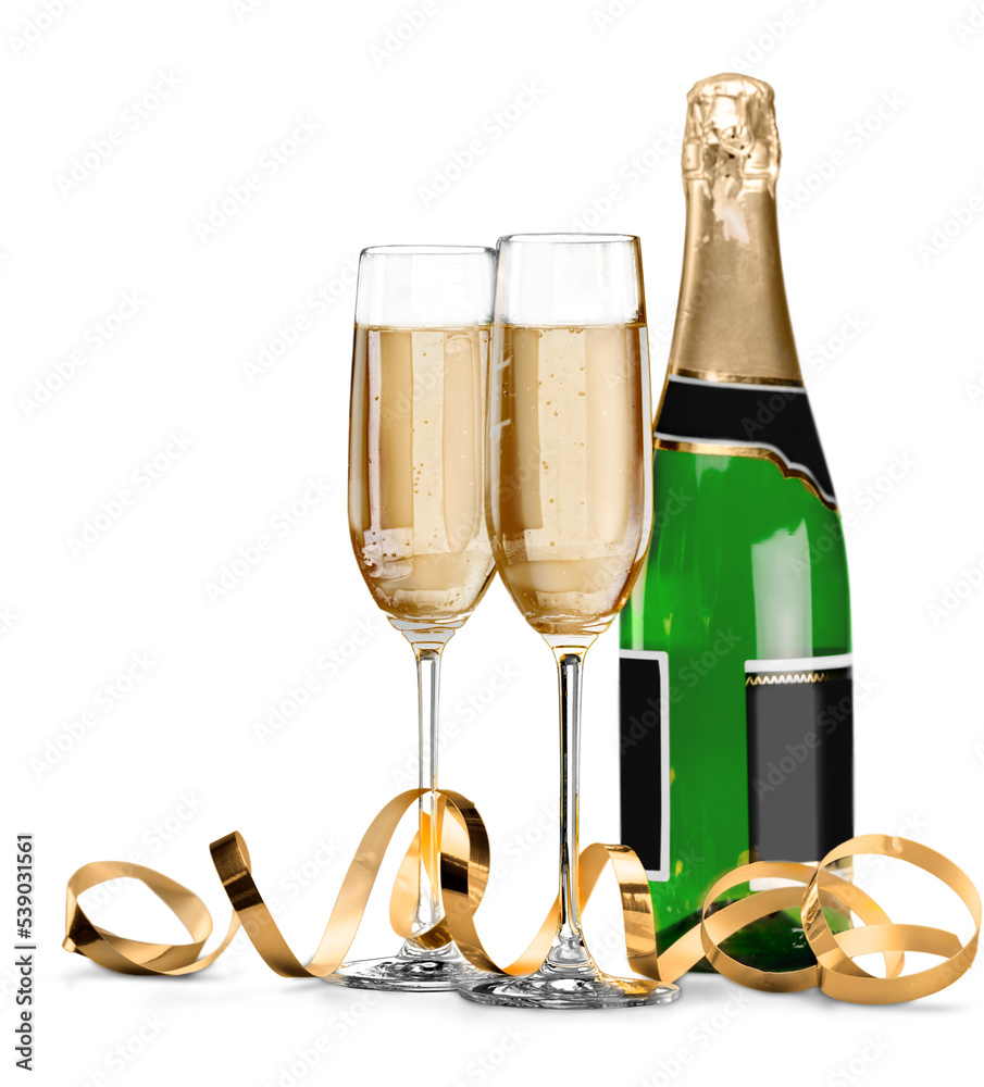 Champagne Bottle and Flutes with Streamer Stock Photo | Adobe Stock