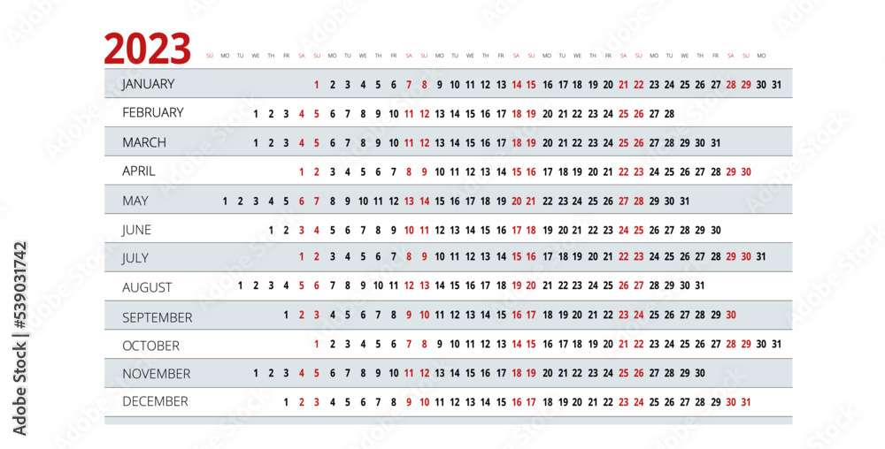 Calendar linear for 2023 year. Stationery Design Print Template. Yearly ...