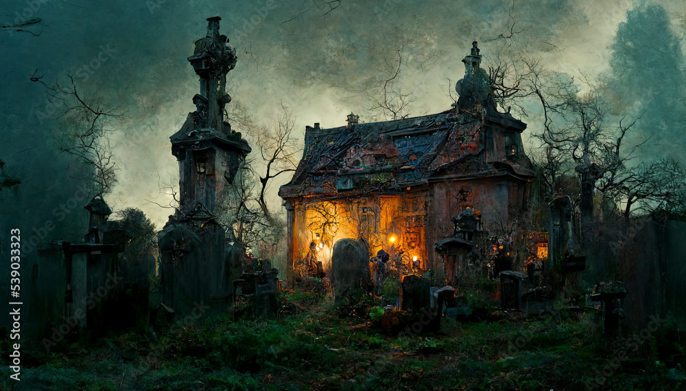 spooky halloween night haunted house and graveyard. digital matte ...