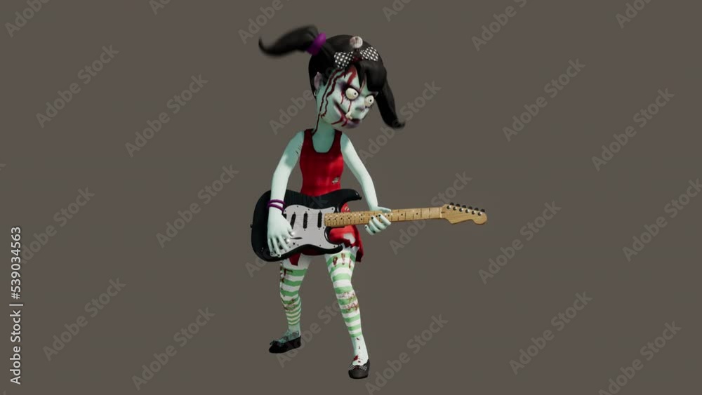 Looped animation of a zombie girl playing a guitar on a transparent ...