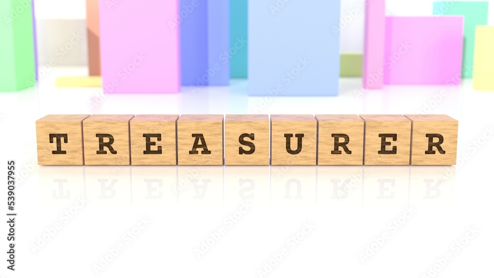 Word TREASURER branded on cube wood reflected on the shiny table ...