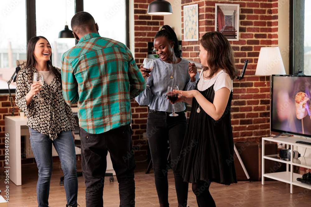 Happy diverse people laughing, smiling, dancing, having fun at ...