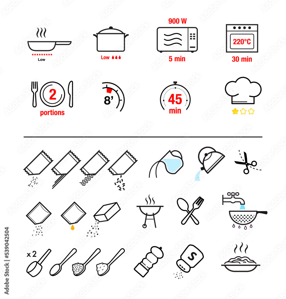 Cooking and preparation instructions. Set of sign for detailed ...
