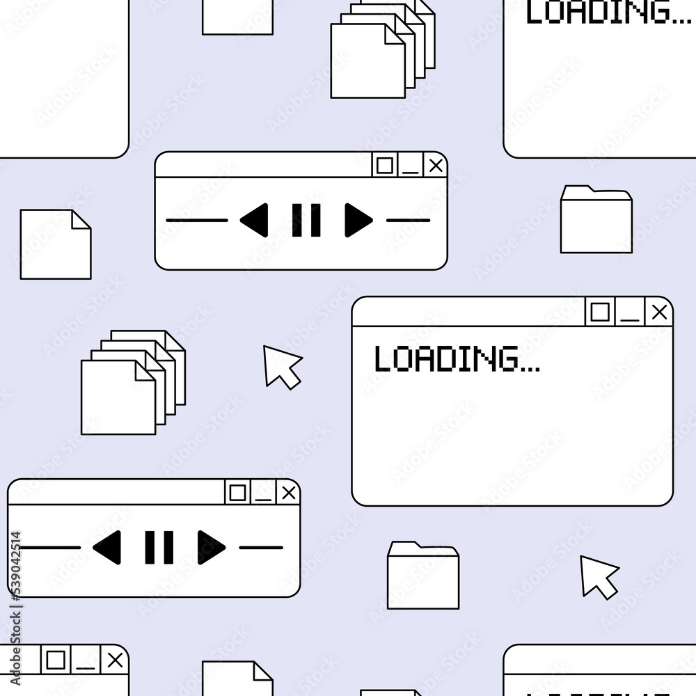 Seamless pattern with old computer elements, windows, folder icons and computer arrow symbol ...