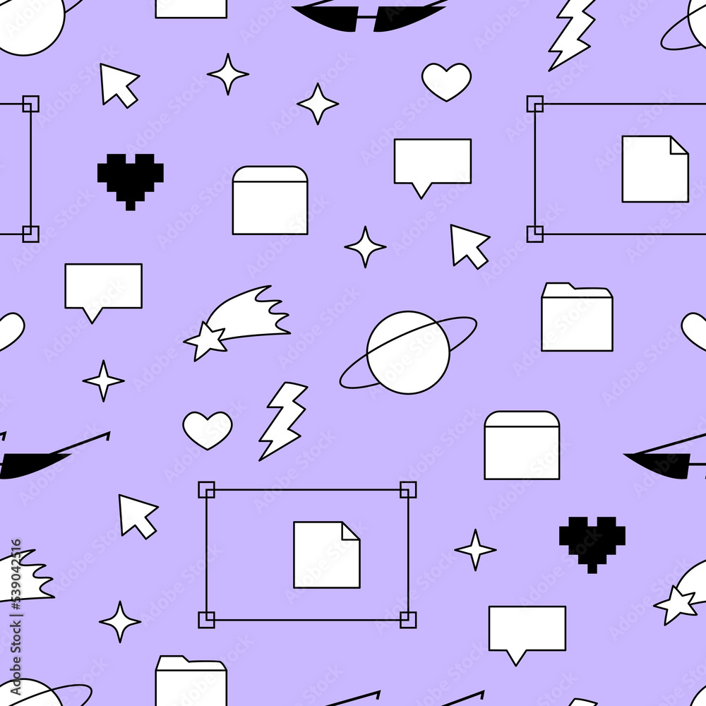 Seamless pattern with old computer elements, stars, bubble, folder icons, saturn planet ...