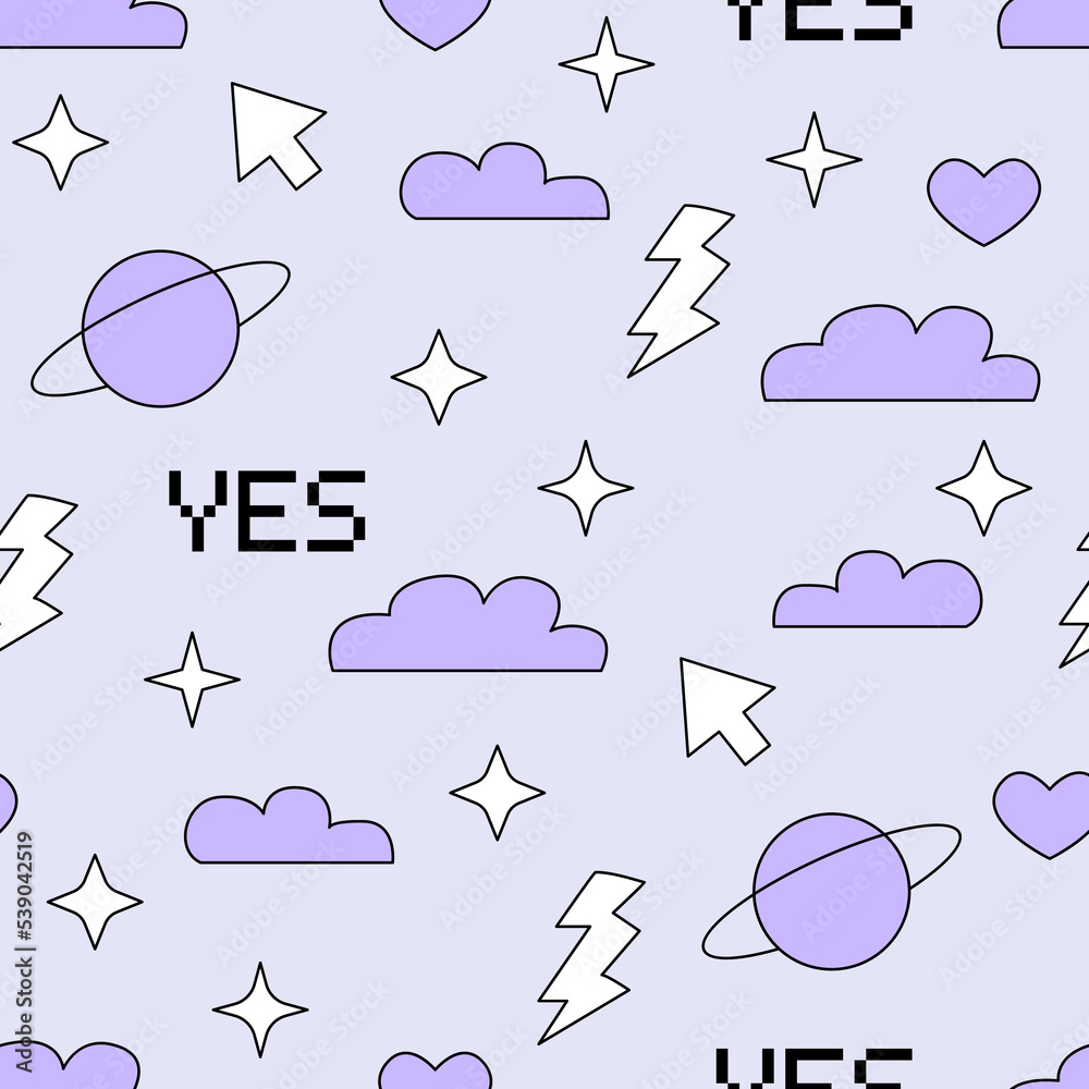 Seamless pattern with old computer elements, stars, clouds icons, saturn planet, pixel words and ...