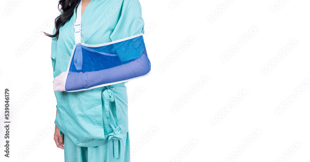Injured asian woman wear patient broken wrist arm hand with splint soft ...