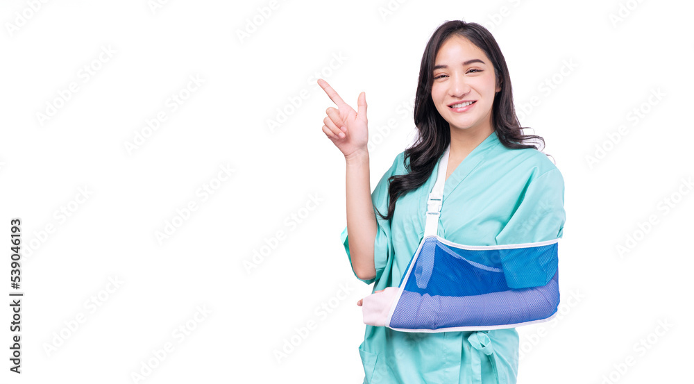 Injured asian woman wear painful use finger pointing copy space on ...