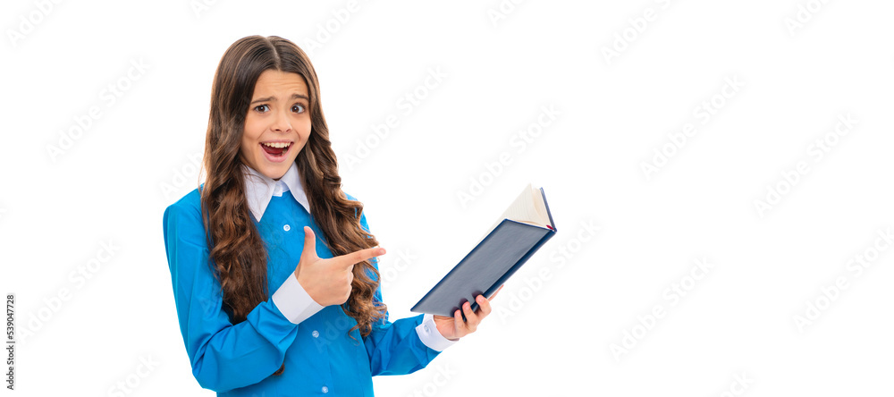 Look at this. Happy child point finger at open book. Pointing gesture ...