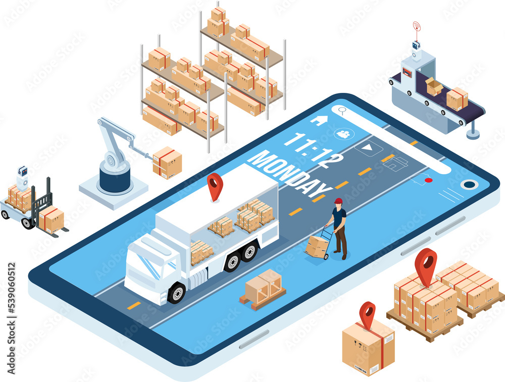 Isometric 3D Smart Industry concept with delivery tracking system on ...
