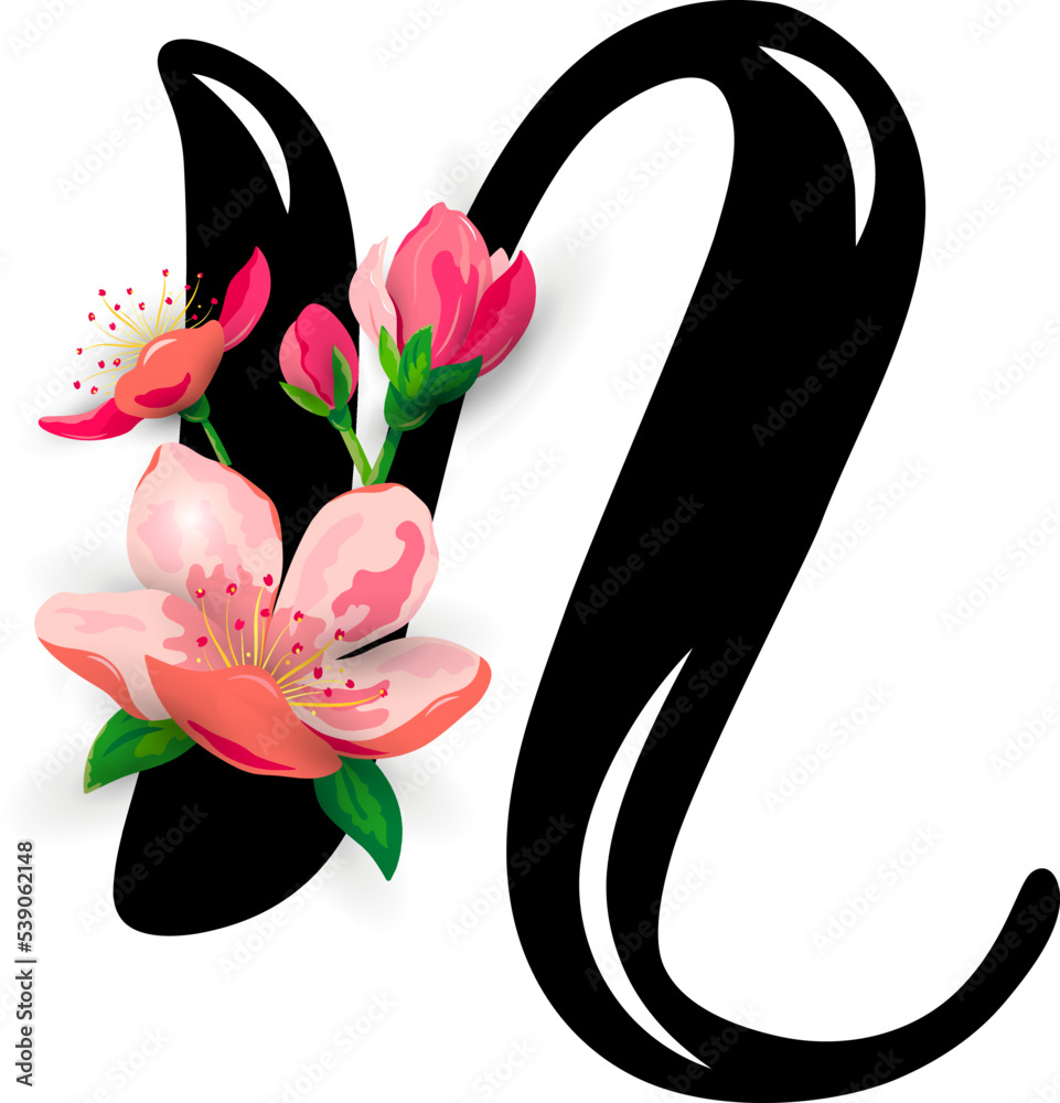 Hand drawn letter N with spring pink flowers isolated on white ...