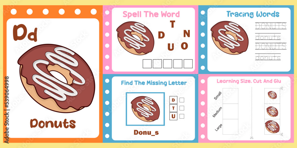 worksheets pack for kids with donuts vector. children's study book ...