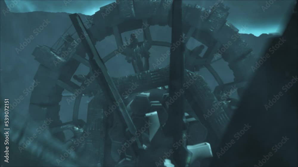 Cinematic flyover shot of a stormy mountainous alien crash site, along ...