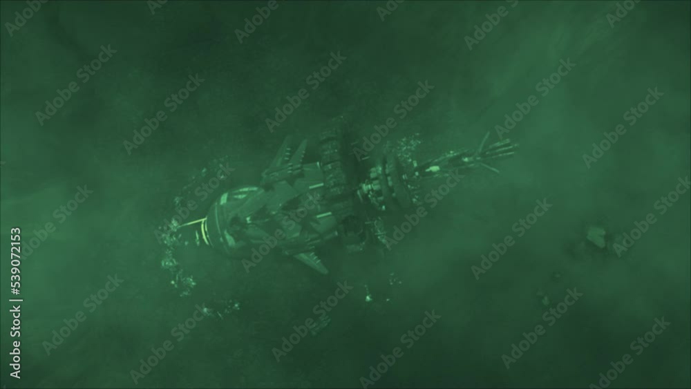 Cinematic aerial rotating shot of a stormy ancient alien crash site ...