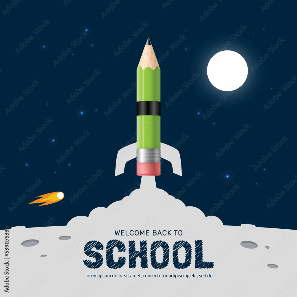 Pencil rocket launching to space background. Back to school concept for ...