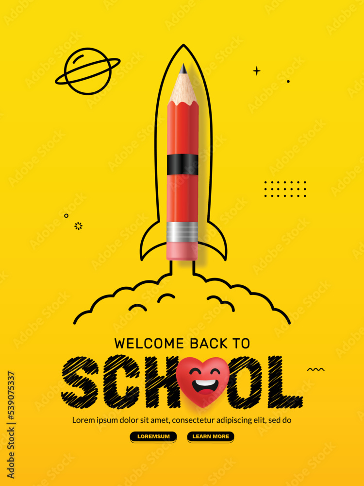Red Pencil rocket launching to space on yellow background. Back to ...