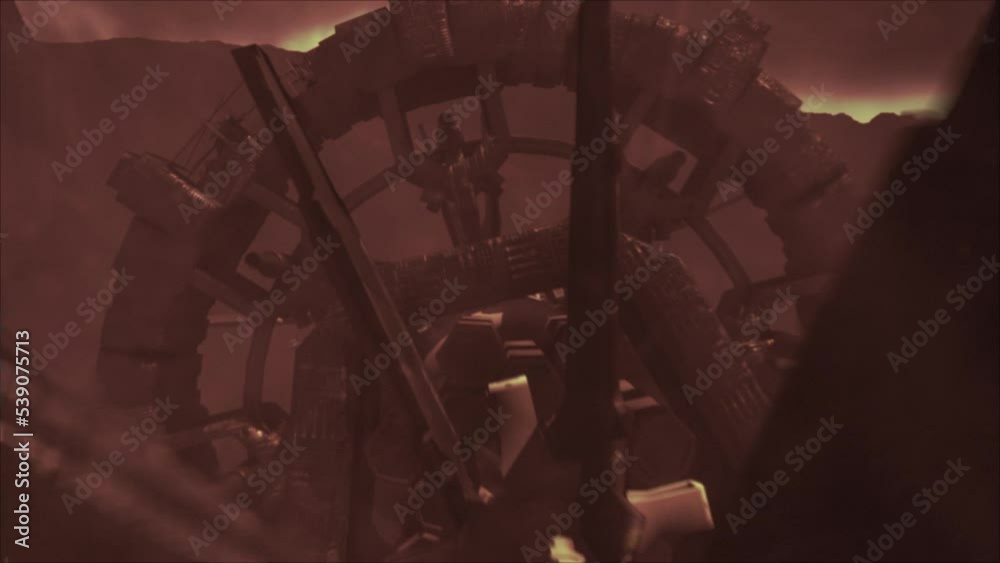 Cinematic flyover shot of a stormy mountainous alien crash site, along ...