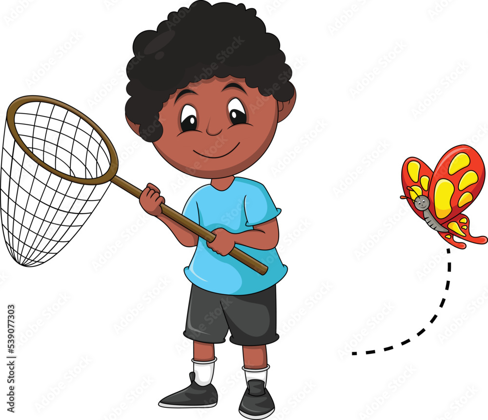 boy is catching a butterfly cartoon vector illustration Stock Vector ...