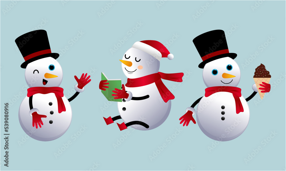 Set of cartoon snowmen in different poses vector illustration Stock ...