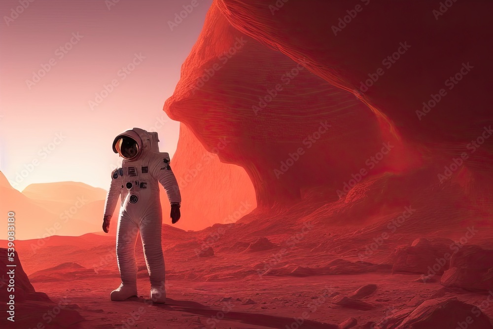 Astronaut on Mars, Spaceman Standing on the Rocky Alien Red Planet of Mars, Exploration of the ...