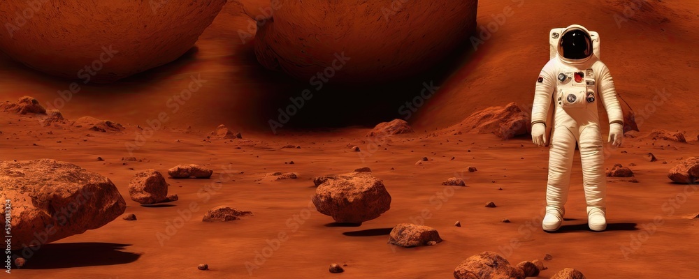 Astronaut on Mars, Spaceman Standing on the Rocky Alien Red Planet of Mars, Exploration of the ...