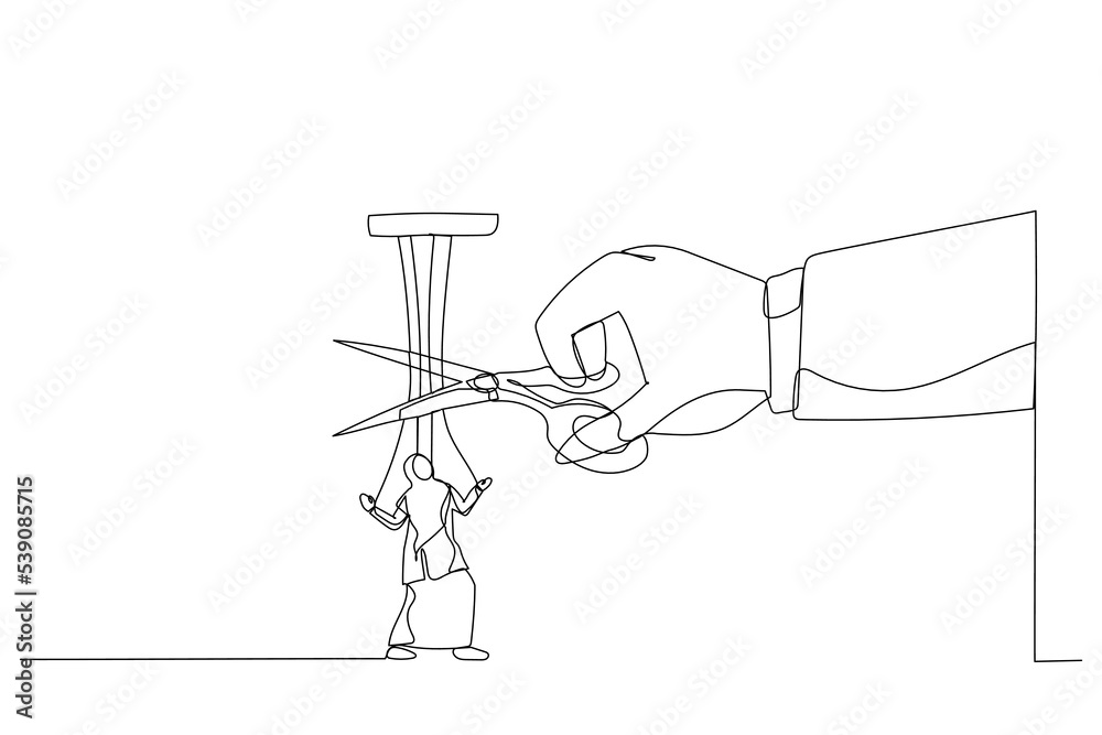 Cartoon of giant hand with scissors cutting the strings attached to ...