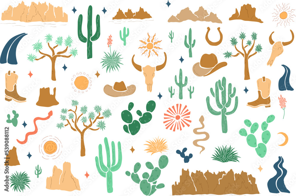 Desert Cartoon Hand Drawn Vector Elements Set Stock Vector | Adobe Stock