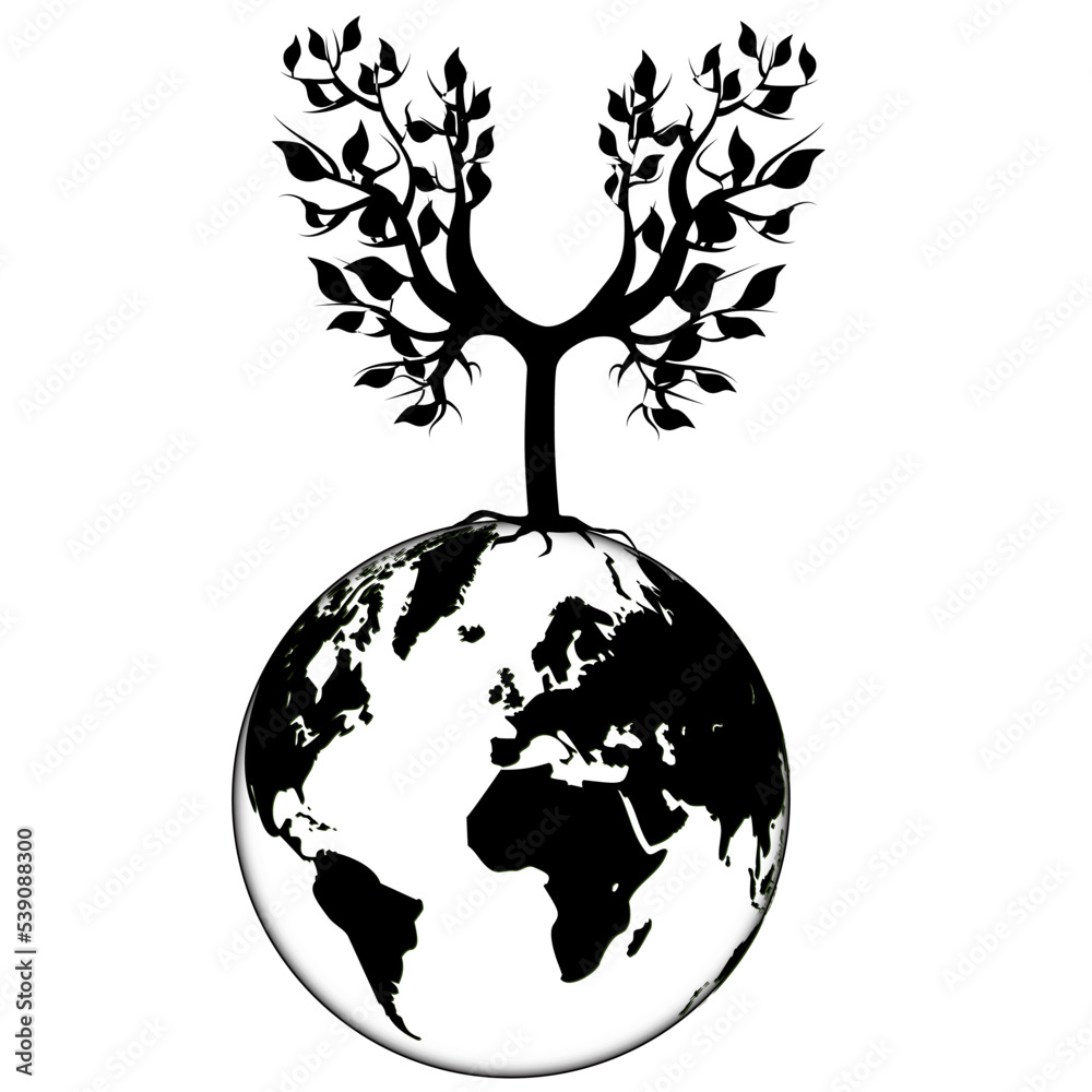 Silhouette of young tree with leaves on planet earth isolated on white ...