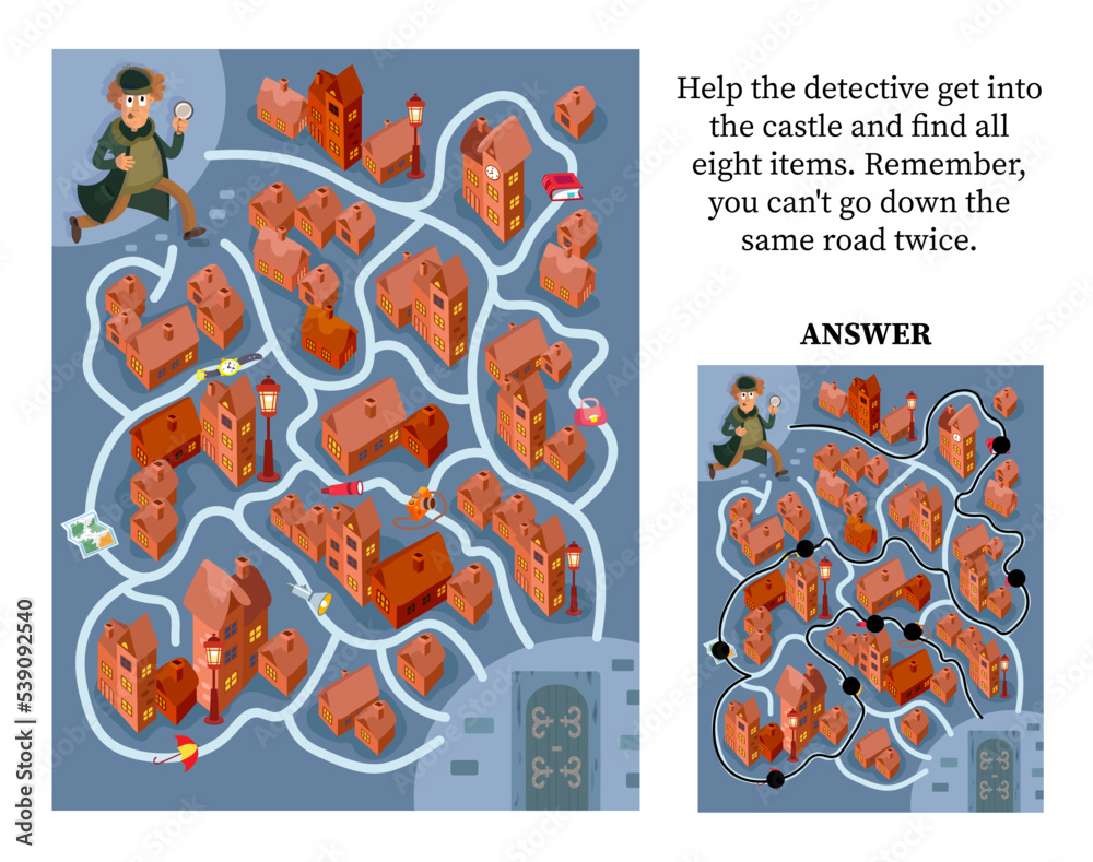 Maze and one answer, activity for children. Vector illustration. Puzzle ...