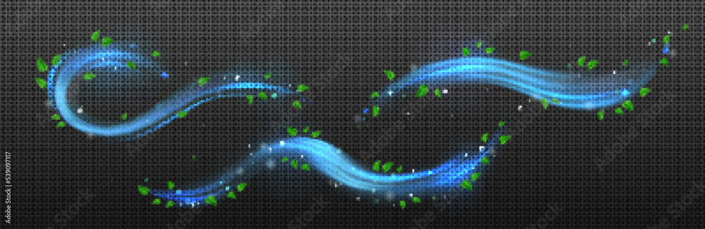 Blue wind flows, air swirls and waves with flying green leaves. Fresh ...