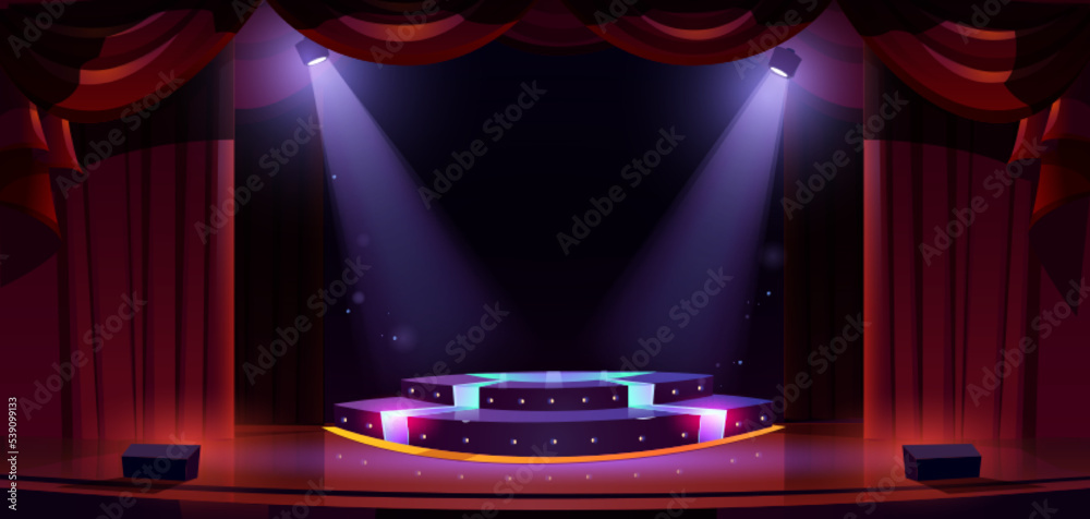 Theater stage or concert hall with podium, spotlights and red curtains ...