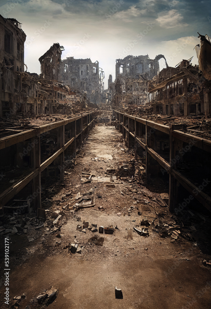 City ruins. Ruined urban space, aftermath of an explosion. War ...