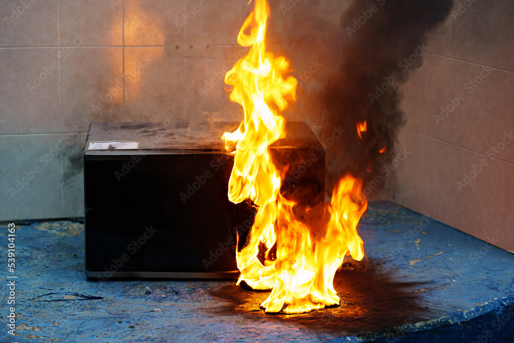 microwave oven on fire. the concept of fire in the kitchen and ...