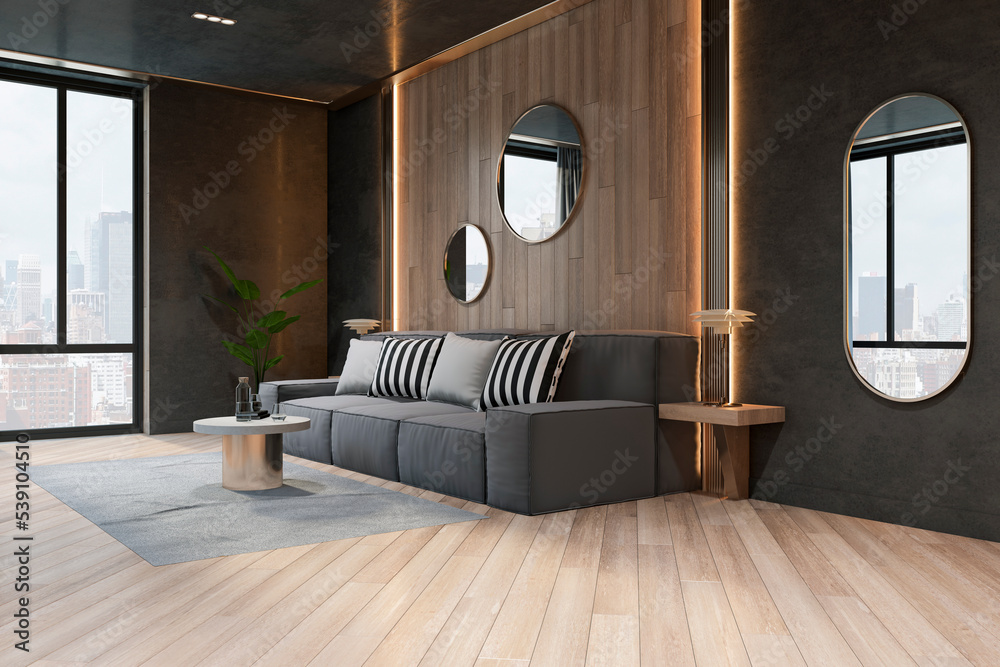 Perspective view on spacious living room with grey sofa, marble coffee ...