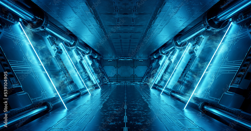 Blue spaceship interior with neon lights on panel walls. Futuristic ...