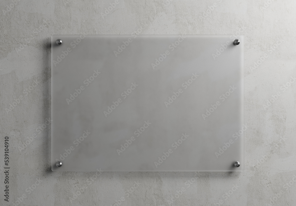 Transparent glass sign plate on wall mockup. Template of a blank ...