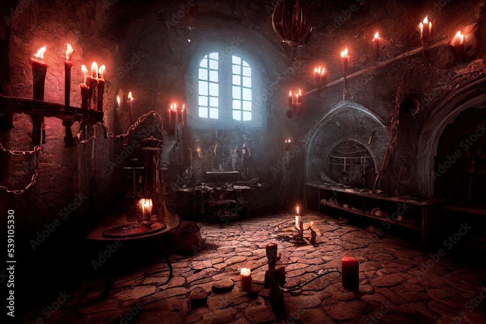Kitchen interior of an ancient castle of vampires from Victorian times ...