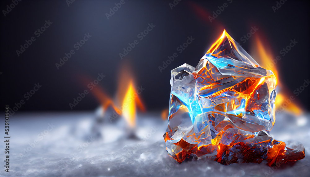 melt ice crystals burning with red yellow fire. Cold winter frozen ice ...