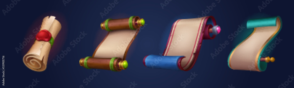 Luxury ancient parchment scrolls, royal manuscripts with color and gold ...