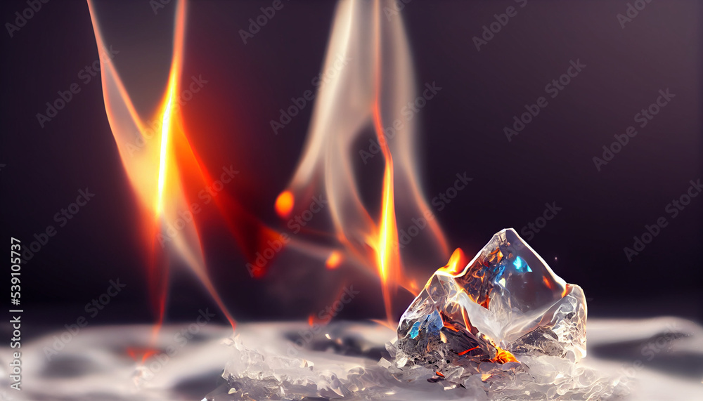 melt ice crystals burning with red yellow fire. Cold winter frozen ice ...