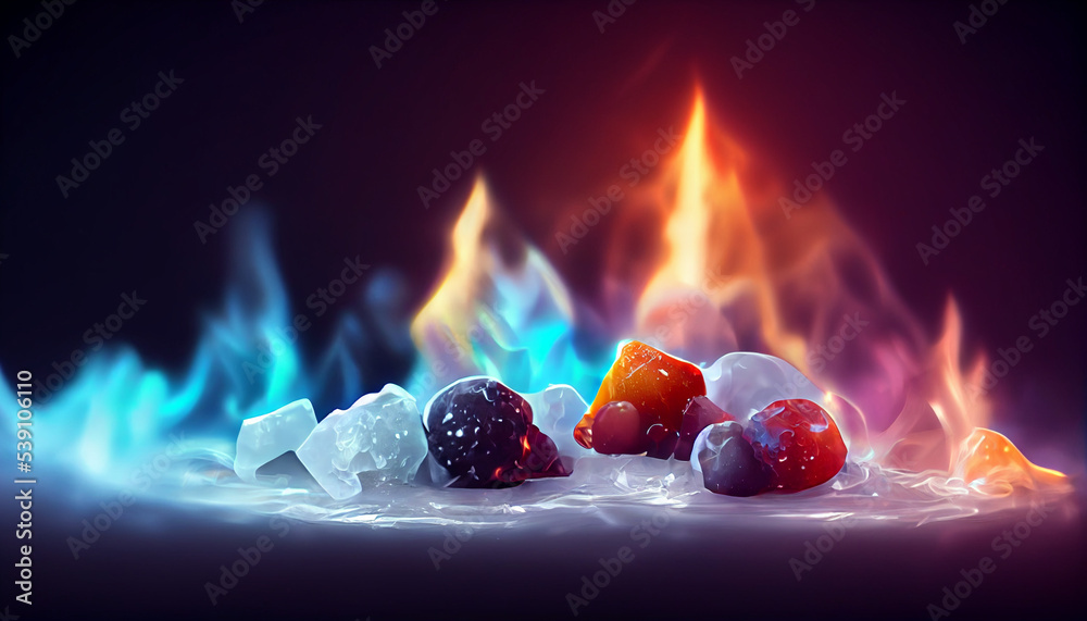 frozen fruits on ice with fire in the back. Cold winter frozen ice ...